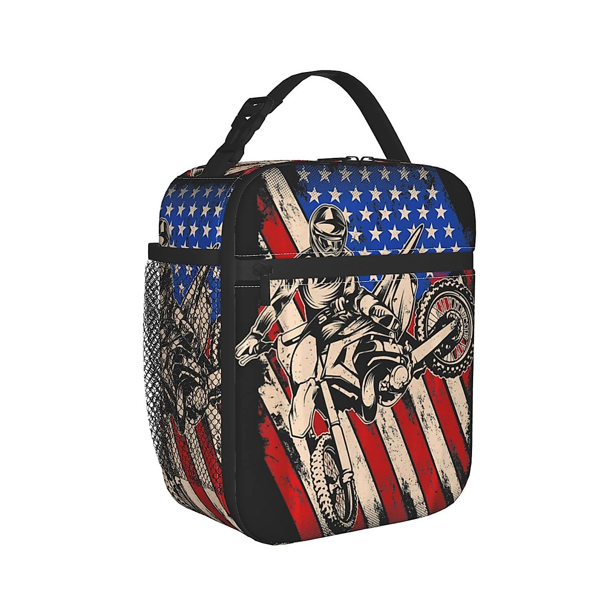 oumghxf Dirt Bike Motocross American Flag Lunch Bag Women/Men,Reusable Lunch Box For Men,Insulated Lunch Cooler Bag For Adults Kids