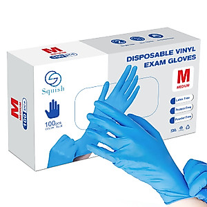 squish Disposable Gloves, 100Pcs Blue Vinyl Blend Exam Gloves Non Sterile, Powder Free, Latex Free - Cleaning Supplies, Kitchen and Food Safe(Pack of 100) (Blue Medium)