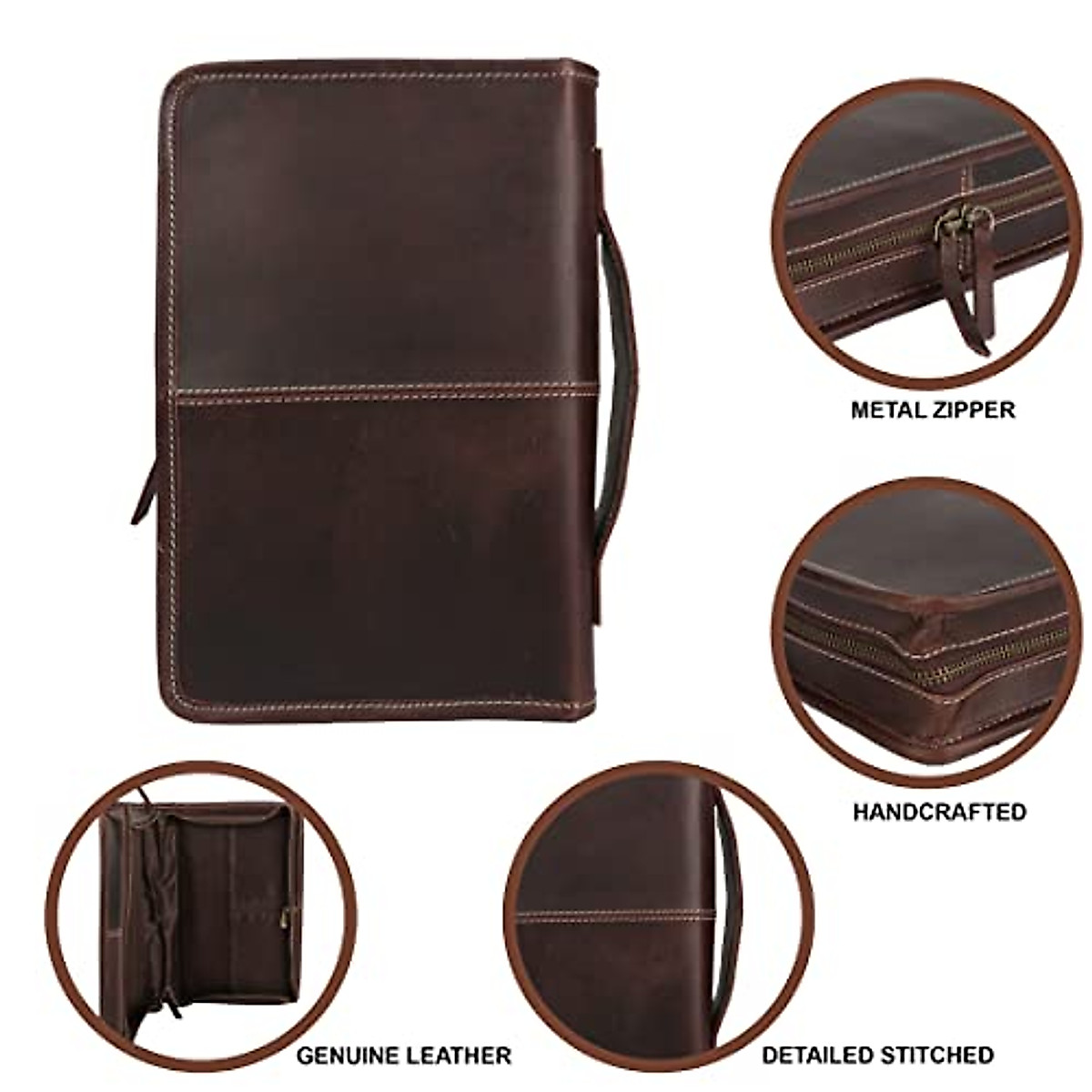 Leather Bible Cover Book Cover Planner Cover with Handle and Back Pocket Size 10.8x6.8x2 inches (Buffalo Leather)