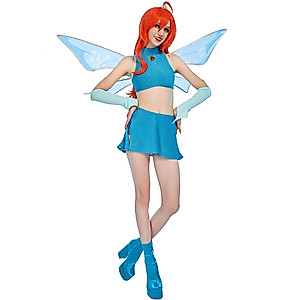 Winx Club Women's Bloom Cosplay Fairy Costume Outfit Top and Skirt with a Pair of Wings