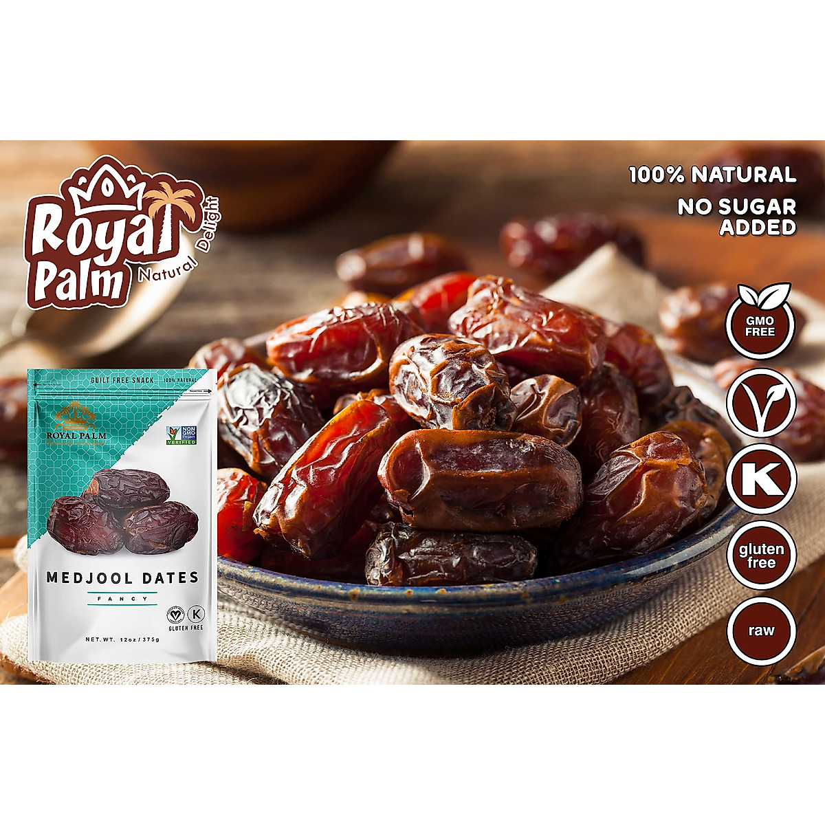Medjool Dates | Royal Palm | 12oz | 100% Natural | NO Sugar Added | Non GMO | Kosher - 1 Bag