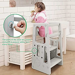 Nursery Kitchen Step Stool w/ 3 Adjustable Heights Toddler Standing Tower Kids Learning Stool w/Double Safety Rails & Non-Slip Foot Pads Cooking Stool Stand Helper Bathroom Counter Footstool (Grey)