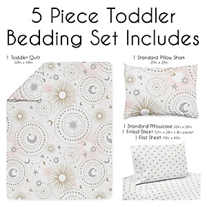 Blush Pink, Gold, Grey and White Star and Moon Celestial Girl Toddler Kid Childrens Bedding Set by Sweet Jojo Designs - 5 Pieces Comforter, Sham and Sheets