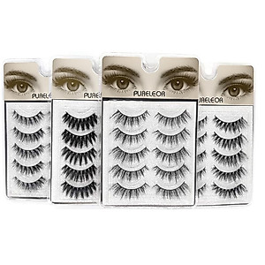 PURELEOR Natural Look Eyelashes 3D Mink Cat Eye Lash Wispies 15mm Manga Lashes 5 Pairs Soft Reusable False Eyelashes Lightweight, No Glue Included