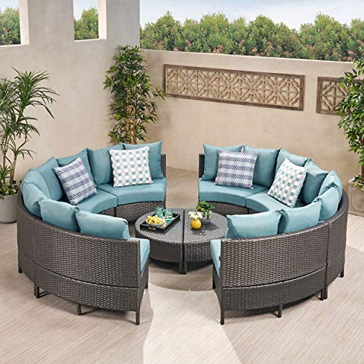 Christopher Knight Home Newton Outdoor 16-Seater Wicker Sectional Sofa Set with Water Resistant Cushions, Grey / Teal
