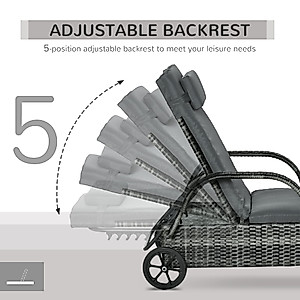 Outsunny Wicker Outdoor Chaise Lounge, 5-Level Adjustable Backrest PE Rattan Pool Lounge Chair with Wheels, Cushion & Headrest, Mixed Gray and Charcoal Gray