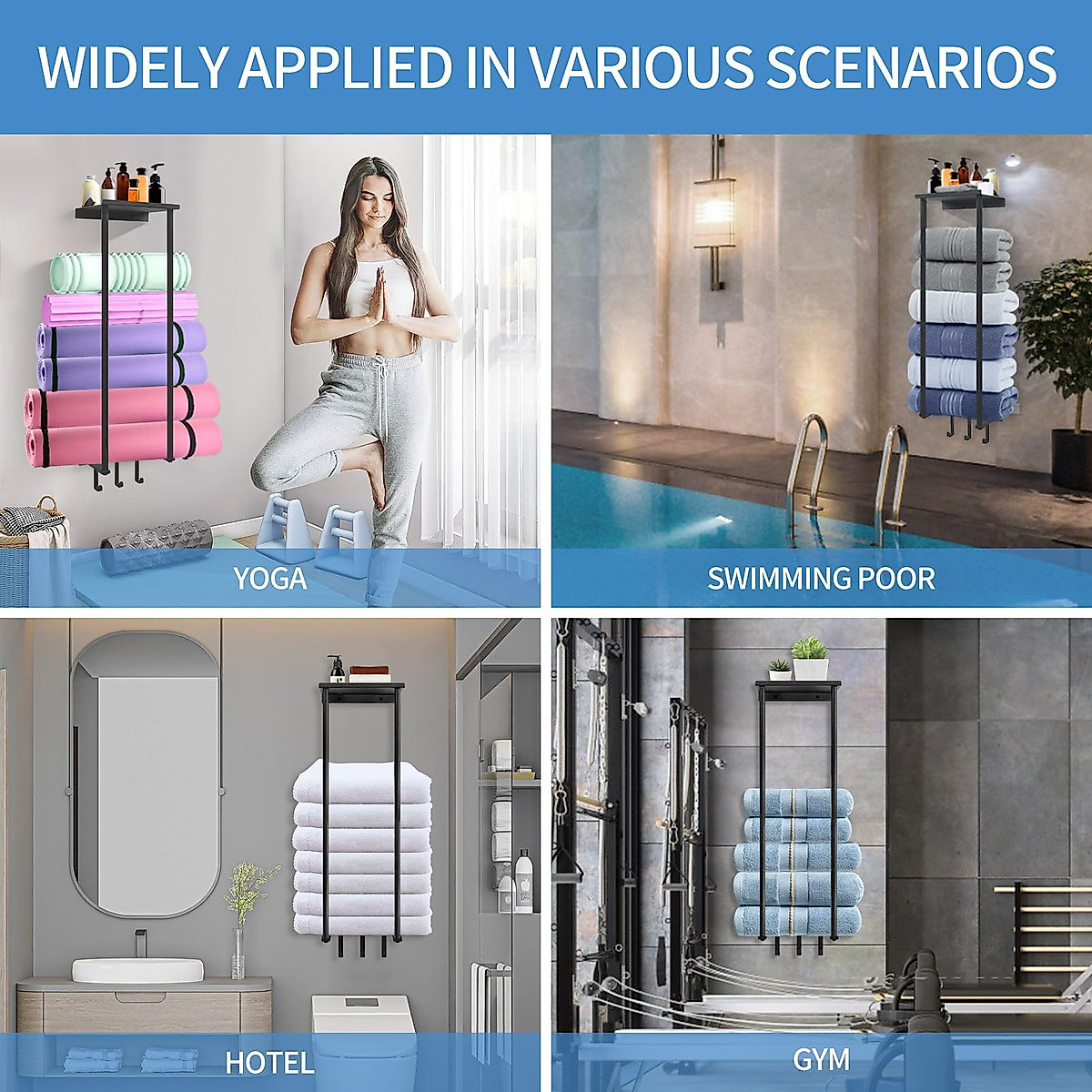 HOTNIU Towel Racks for Small Bathroom Wall Mounted, Vertical Towel Storage with Metal Shelf and 3 Hooks, Bath Towel Rack for Rolled Towels, Black Towel Holder for Large Bath Sheets Towels