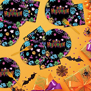 96 Pcs Neon Halloween Party Supplies for 24 Guests Spooky Costume Tableware Plates Napkins Glow Party Dinnerware Table Decorations Happy Halloween Party Favor for Kids Teen Adult