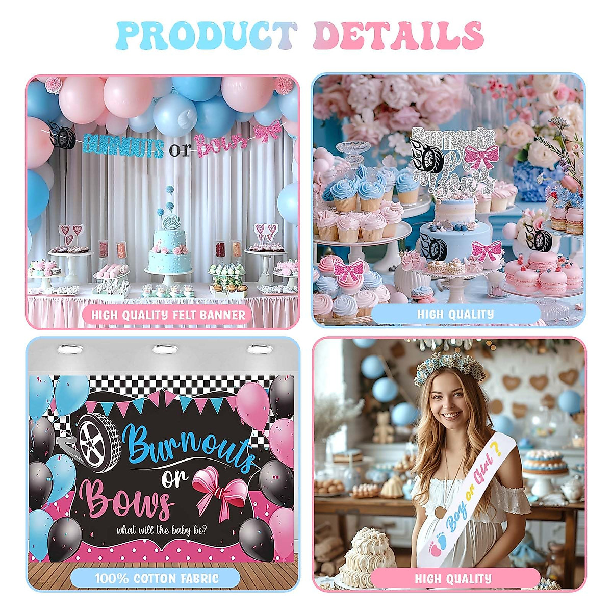 Fiesec Burnouts or Bows Gender Reveal Decorations, Baby Boy or Girl Gender Reveal Party Decorations, What Will the Baby Be Backdrop Balloon Banner Tablecloth Cake Cupcake Topper Box Sash Pink Blue