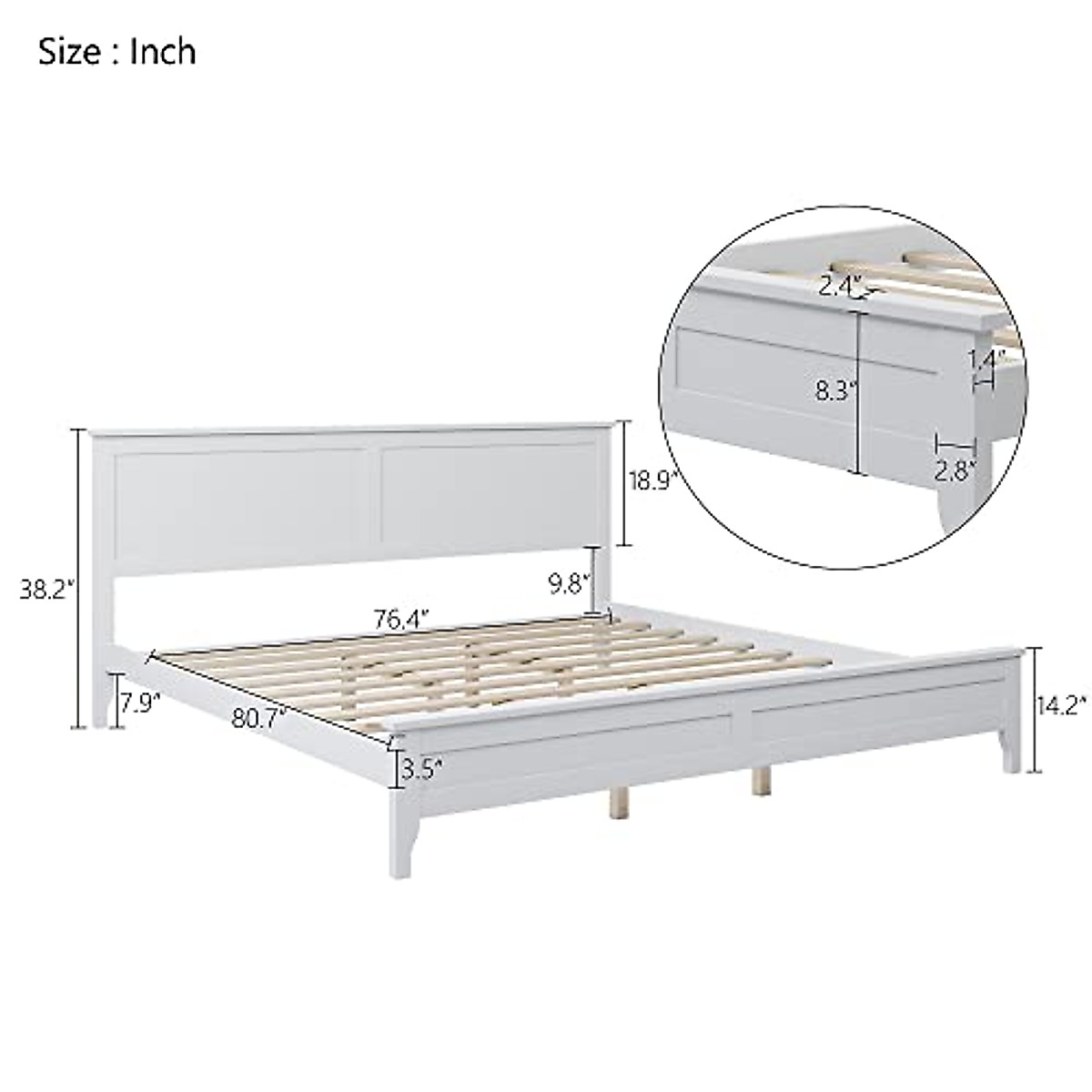 MERITLINE King Size Platform Bed Frame with Headboard/Solid Wood Foundation with Wood Slat Support/No Box Spring Needed/Easy Assembly, Rustic Pine (King, White)