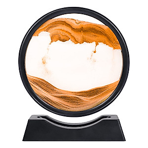Moving Sand Art Picture 3D Deep Sea Sandscape Liquid Motion Display Flowing Sand Frame Round Glass 3D Quicksand Painting Decor Relaxing Art Desktop Toys Home Office Decoration (7in, Orange)