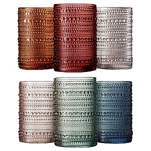 Khen Hobnail Beaded Highball Drinking Tumbler Glasses | Set of 6 | Color, Vintage Bubble Design Whiskey Glassware, Old-Fashioned, Embossed Design for Water, Wine, Cocktail Embossed, Rocks Glass