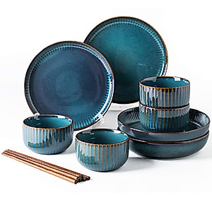 Fine Dinnerware Set,Porcelain Dinnerware Set, Ceramic Plates and Bowls Sets, Modern Creativity Vintage Lounge Round Reactive Glaze Stoneware Dishes Set for Kitchen/Dining, Blue,Service for 4 (12p