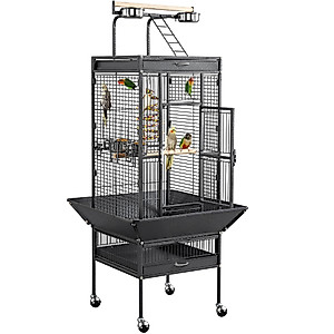 Yaheetech 61-inch Playtop Wrought Iron Large Parrot Bird Cages with Rolling Stand for Cockatiels Amazon Parrot Quaker Conure Parakeet Lovebird Finch Canary Small Medium Parrot Cage Birdcage, Black