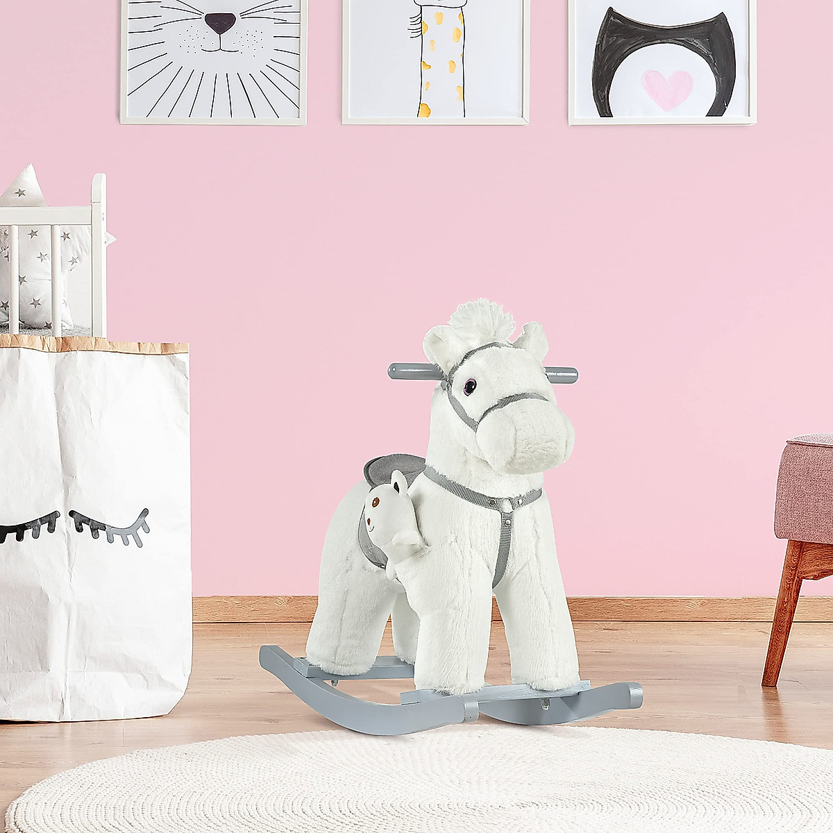 Qaba Kids Plush Ride-On Rocking Horse with Bear Toy, Children Chair with Soft Plush Toy & Fun Realistic Sounds, White