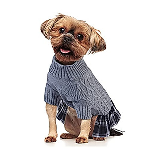 Dog Sweaters Plaid Dress, Puppy Warm Knitwear Dress for Dogs Cats, Cold Weather Doggie Kitten Apparel, Turtleneck Pet Dresses Outfits with Leash Hole for Yorkie Shih Tzu Teddy Bichon Frise Chihuahua