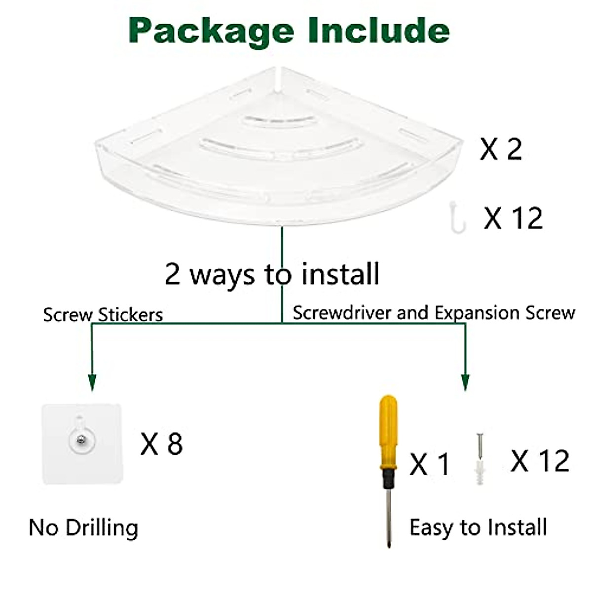 2 Pcs Adhesive Acrylic Corner Shower Caddy Shelf with Hooks Hollow Wall Mounted No Drilling Clear Corner Shelf for Shower Kitchen Organizer