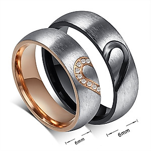 ROWAG 6MM Men Heart Shape Titanium Stainless Steel Couple Wedding Rings for Him and Her Women Cubic Zirconia CZ Inlaid Promise Engagement Bands,Men Size 11
