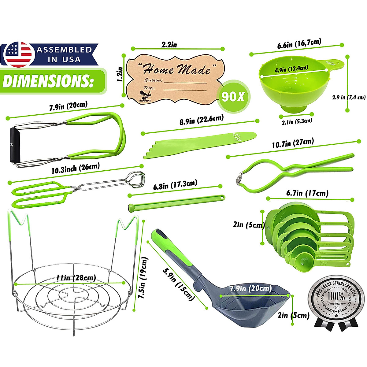 Canning kit + Canning Rack + X-Large Ladle +Measuring Cups, Canning Funnel, Tongs, Jar Lifter, Lid Lifter, Bubble Popper, 90x Labels - Canning Supplies - Canning Supplies Starter Kit