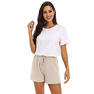 KINGFEN Womens Shorts Casual Lounge Cotton Shorts Casual for Summer Mid Rise Elastic Waist Linen Beach Pull On Comfy Drawstring Stretchy Short with Pockets Beige Large