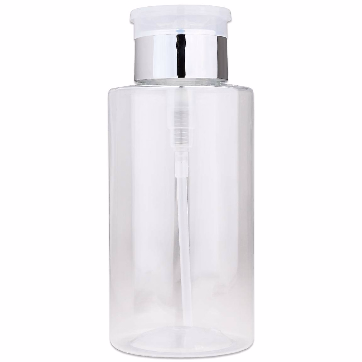 Pana 10oz. Push Down Clear Plastic Liquid Dispenser Bottle for Alcohol, Toner, Cleanser & Makeup Remover (No Wording, Clear W/Silver Chrome)