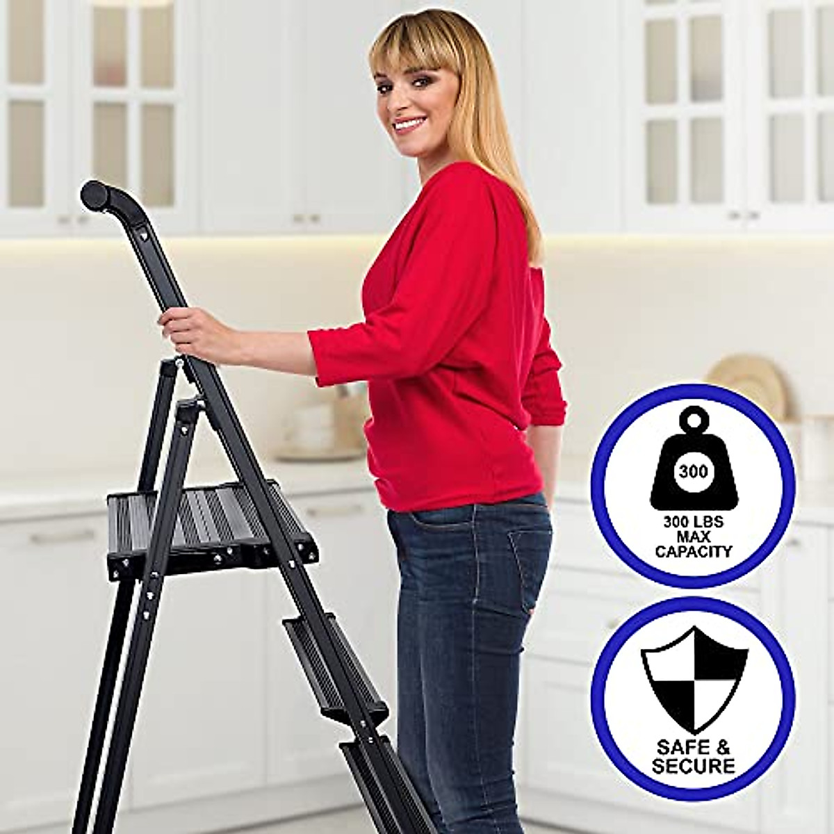 Step Ladder 4 Step Folding, Decorative - Modern Beautiful Grey Aluminum, Ultra Slim Profile, Anti Slip Steps, Sturdy-Portable for Home, Office, Kitchen, Photography Use,by SORFEY