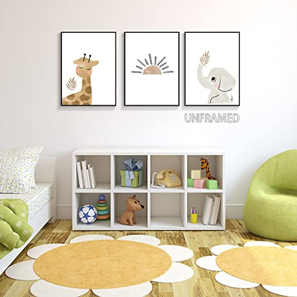 Cute Woodland Animals Giraffe Canvas Wall Art Set of 3 12x16in, Colorful Minimalist Baby Nursery Sun Room Aesthetic Posters, Neutral Elephant Print Painting Decor for Girl Boy Kids Bedroom Unframed