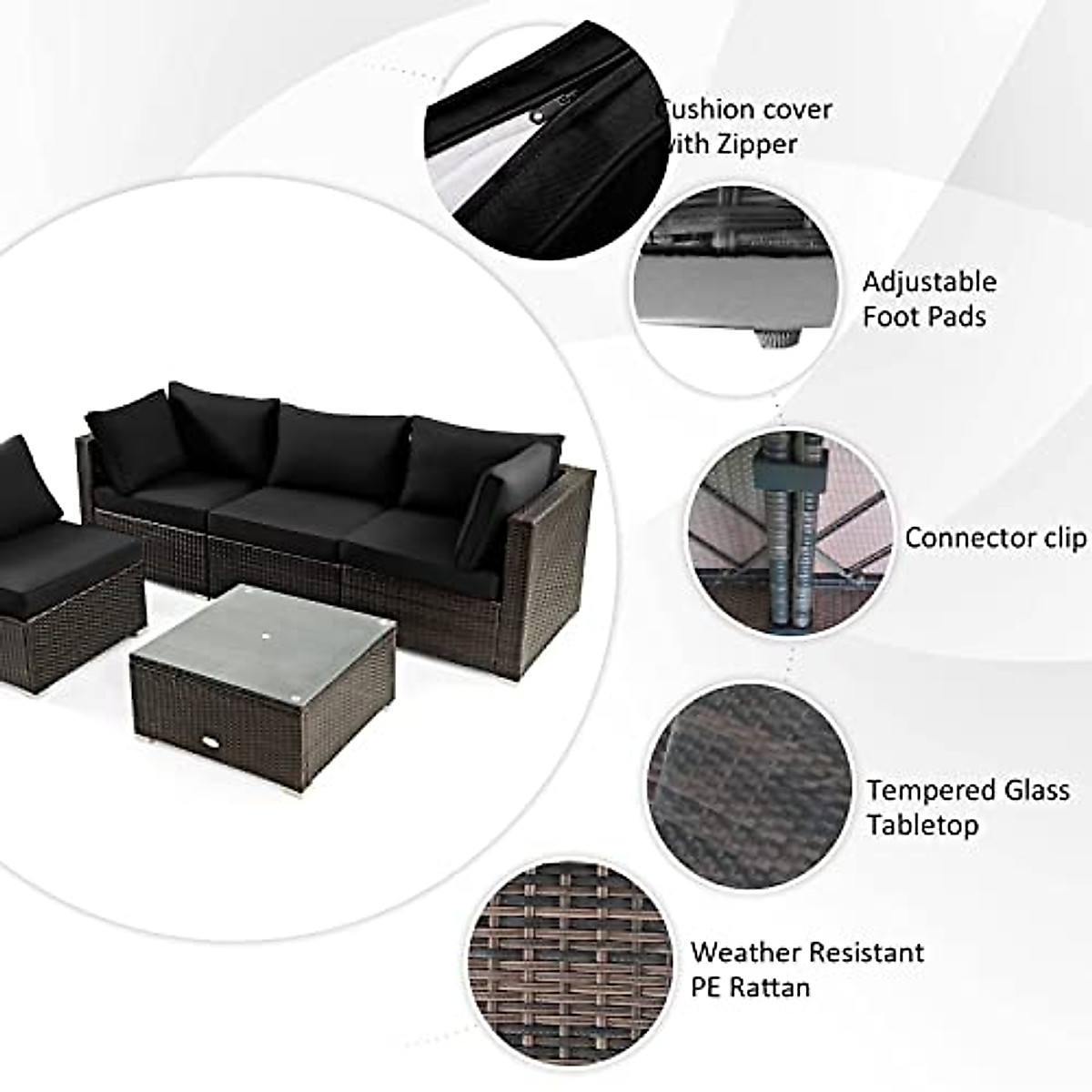 Tangkula 6-Piece Patio Furniture Set with 30” Propane Fire Pit Table, Outdoor PE Wicker Conversation Set with Cushions and Tempered Glass Coffee Table, Gas Fire Pit Table with 50,000 BTU (Black)