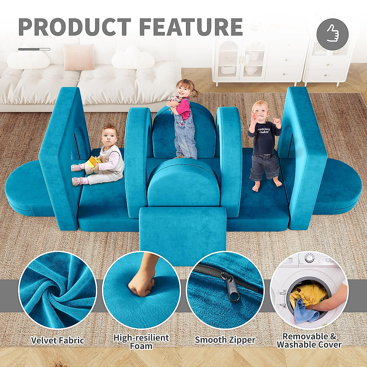 Kids Couch, 12PCS Modular Toddler Couch with 2 Triangular Cushions and 4 Arches, Fold Out Kids Couch for Playroom, Bedroom, Modular Kids Couch for Boys and Girls, Kids Play Couch for Kids (Blue)