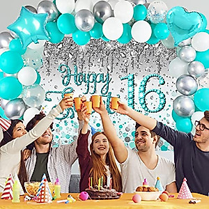 Sweet 16 Birthday Decorations--Teal 16th Birthday Decorations for Girls,Sweet 16 Backdrop ,Sweet 16 Birthday Sash ,Teal Blue Balloons Garland Kit and Teal Dot Disposable Tablecloth