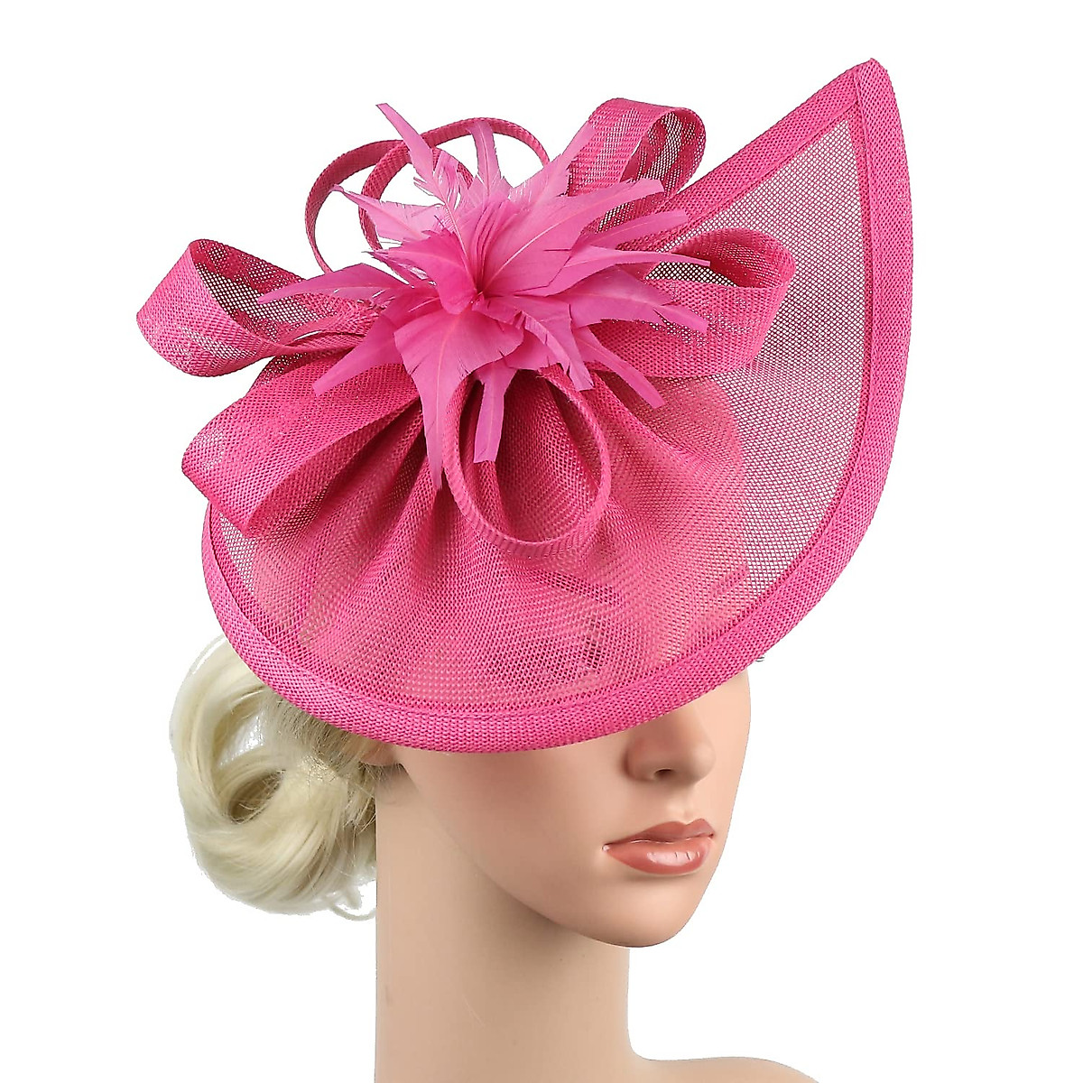 Bubbmi Sinamay Fascinator Hat with Top Flower, Women Feather Pillbox Headwear, Church Wedding Derby Cocktail Tea Party Headpiece(C hot Pink)