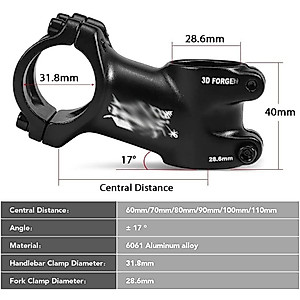 ZECHAO 17 Degree Bike Stem,Ultralight Bike Stem 60/70/80/90/100/110mm Mountain Road Bike Stem for 31.8mm Handlebar Stem Bike Stem (Color : Black, Size : 80mm)