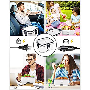 AUTOPkio Electric Lunch Box 1.8L, 12V 24V 110V Heated Lunchbox Food Warmer for Car Home Truck Driver Work, Removable Stainless Steel Container, Fork & Spoon (Grey)