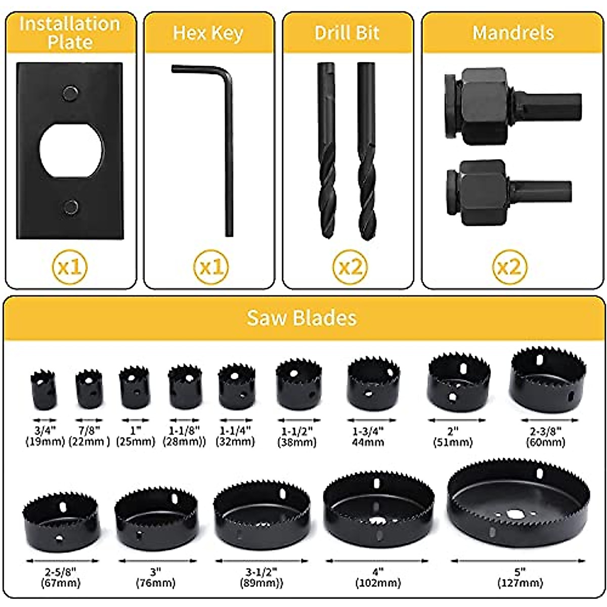 Hole Saw kit, Jellas 20PCS Hole Saw Set with 14Pcs Saw Blades, General Size 3/4" to 5", 2 Mandrels with Drill Bits, 1 Installation Plate, 1 Hex Key, 1 Storage Case, Ideal for Wood, PVC Board, Plastic