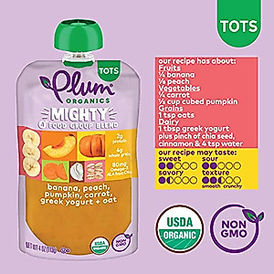 Plum Organics Mighty 4 Organic Toddler Food - Banana, Peach, Pumpkin, Carrot, Greek Yogurt, and Oat - 4 oz Pouch (Pack of 12) - Organic Fruit and Vegetable Toddler Food Pouch
