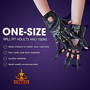 Skeleteen Faux Leather Claw Gloves - Black Lizard Skin Scary Costume Leather Hand Glove Animal Claws for Women and Kids