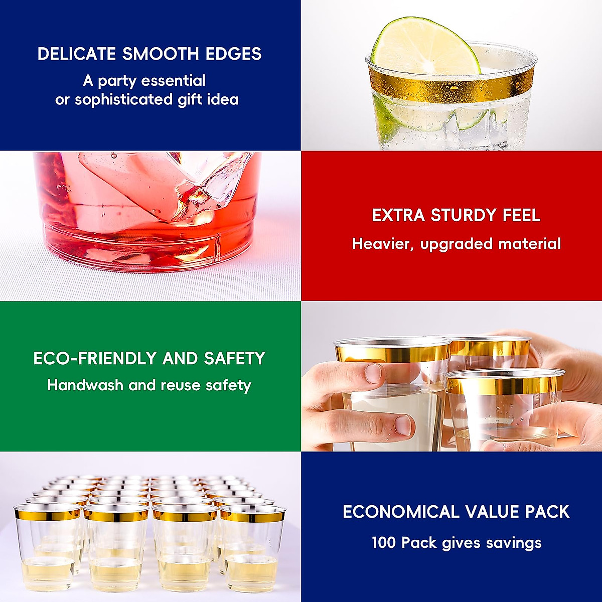 JOLLY CHEF 100 Pack 10 oz Gold Plastic Cups, Clear Plastic Glasses Tumblers, Elegant Gold Rimmed Disposable Cups Perfect for Weddings, Thanksgiving Day, Christmas