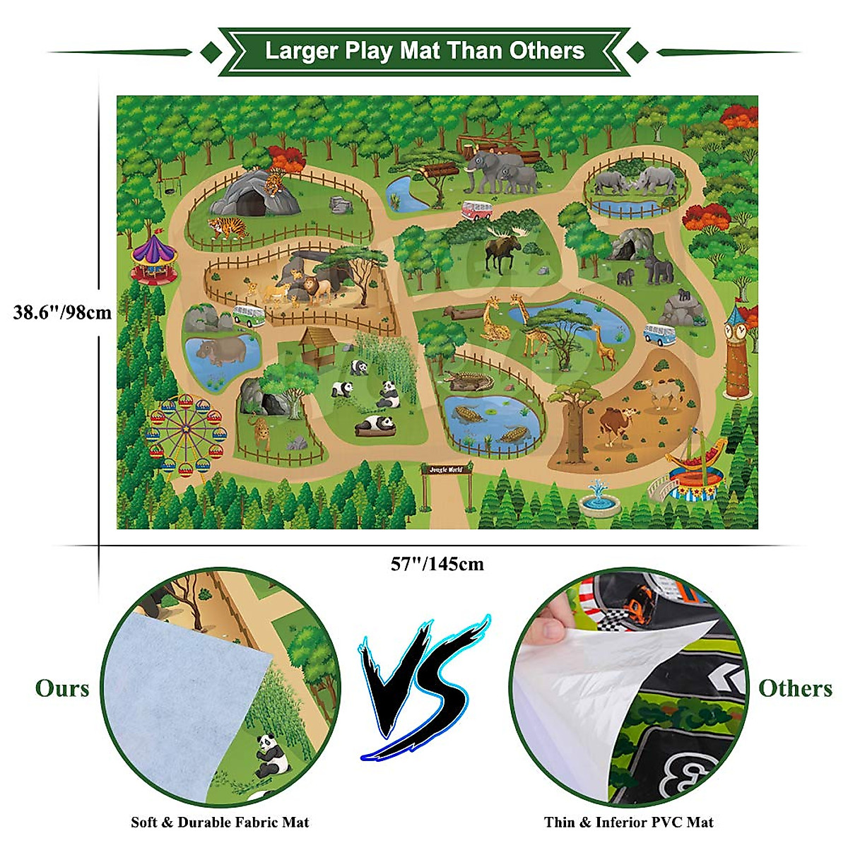 Mini Tudou 12 Pcs Safari Animals Figures Toys w/ 57x38.6’’ Large Activity Play Mat, Realistic Jumbo Jungle Wild Zoo Animals Figurines Playset w/Elephant, Giraffe, Lion for Kids Boys