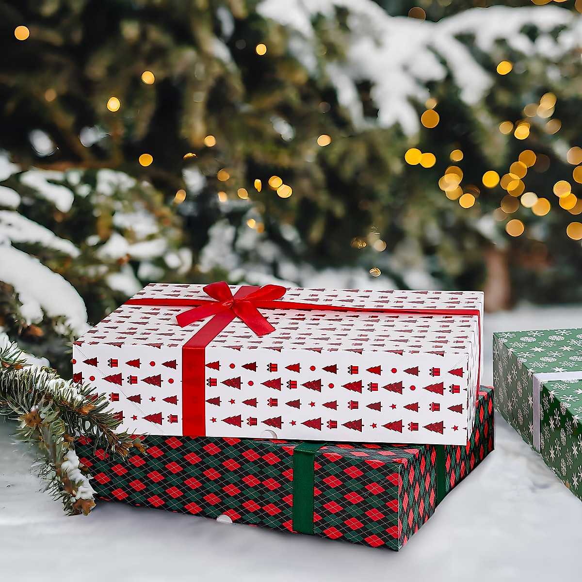 YANGTE 12 Christmas Gift Boxes with Lids for Presents Contains 6 X-Large Gift Boxes 4in Deep, 6 Large Shirt Boxes 2in Deep for Christmas, Holidays Wrapping Gifts Red, Green and White Shirt Boxes