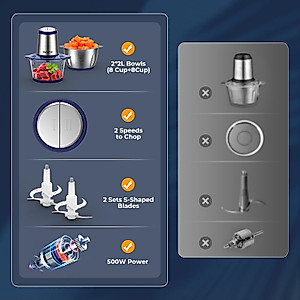 DEVINC Food Processor, Electric Food Chopper with 2 Bowls (8 Cup+8 Cup), 2 Sets Blades, 500W Meat Grinder & Veggie Chopper, 2 Speed for Baby food &Family Use Blue