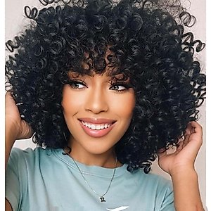 PHOENIXFLY Black Curly Wigs for Black Women Short Curly Wigs for Women Curly Synthetic Hair Heat Resistant Hair Replacement with Wig Caps (Black)