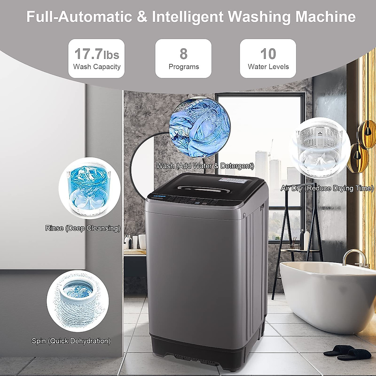 KRIB BLING 17.7 lbs Full Automatic Washing Machine with LED Display Compact Washing Machine with Drain Dump, 10 Wash Programs and 8 Water Levels Ideal for Dorms, Apartments, RV, Grey