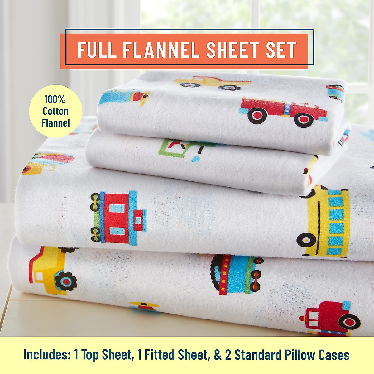 Wildkin Kids 100% Cotton Flannel Full Sheet Set for Boys & Girls, Bedding Set Includes Top Sheet, Fitted Sheet & Pillow Case, Bed Sheets for Cozy Cuddles (Trains, Planes & Trucks)