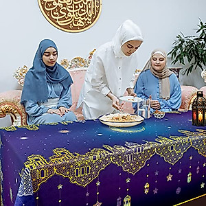 9x5Ft Ramadan Table Cloth EID Table Cover for Islamic Wedding Birthday Home Decorations Crescent Moon Star Lantern Starry Night Sky Tablecloths Tablecover for Table Decoration Islamic Party Supplies