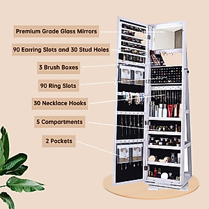 Wellynap Mirror Jewelry Cabinet, 360° Rotatable Full Length Mirror Stand, Lockable Jewelry Organizer Armoire with Back Storage Shelves for Bedroom, Cloakroom, White