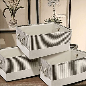 ANMINY 3PCS Storage Baskets Set Large Foldable Canvas Stripe Storage Bin Box with Cotton Rope Handles Decorative Plush Toys Clothes Towel Laundry Shelf Organizer Containers - Large, Dark Gray