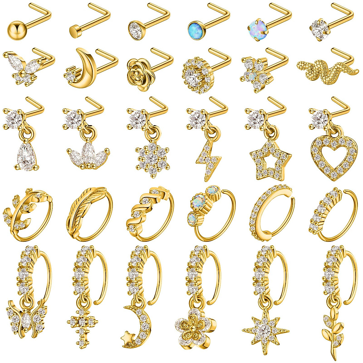 30 Pcs Dangling Nose Rings 20g Nose Ring Hoop L Shaped Stainless Steel Dangling Nose Studs Cute Nose Piercing Jewelry for Women (Gold)