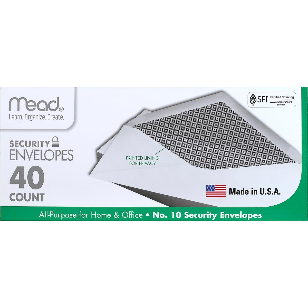Mead #10 Envelopes, Security Printed Lining for Privacy, Gummed Closure, All-Purpose 20-Ib Paper, 4-1/8" x 9-1/2", White, 40/Box (75214)
