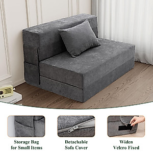 HOMFINE Folding Sofa Bed - Convertible Sleeper Chair with Pillow, Fold Out Couch, Foam Floor Mattress, Futon Couch, Lazy Sofa for Living Room/Dorm/Guest Room/Home Office, Twin, Gray