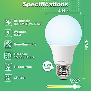 DEGNJU LED Light Bulbs Daylight 5000K, 60 Watt Equivalent LED Bulbs, A19 Standard Bulbs, 800 LM, 15000 Hours, E26 Base, Non-Dimmable, 8.5W LED Bulbs for Bedroom Living Room 24 Pack